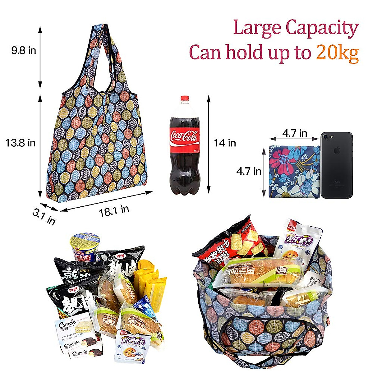 10 Pack Reusable Grocery Shopping Bags, SZUAH Foldable Shopping Bags Grocery Tote with Attached Pouch,Machine Washable Eco-Friendly.