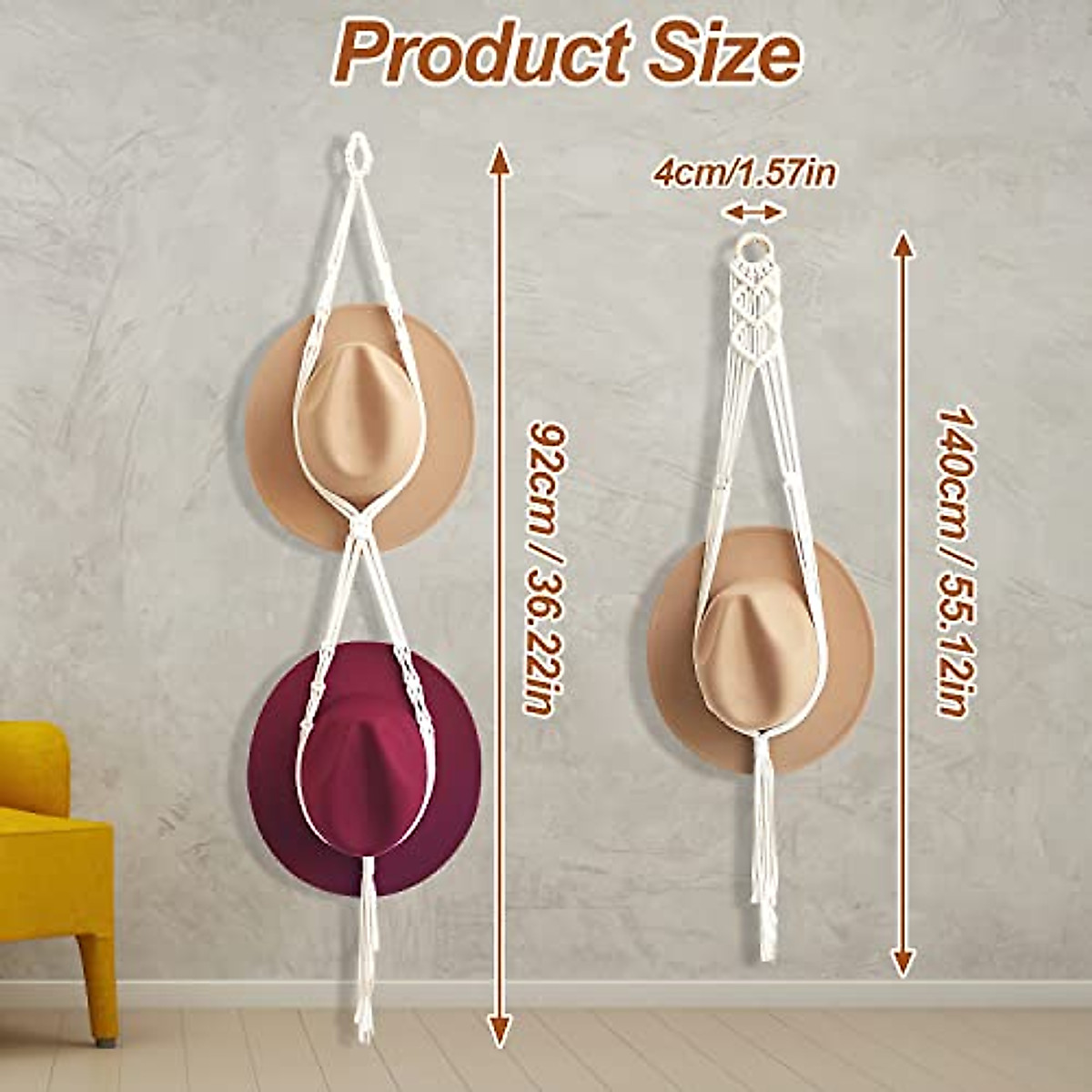 Topretty Hat Organizer 3 Pieces Boho Hats Rack Handmade Cotton Rope Woven Hat Hangers Bohemian Hat Holder for Man and Women Caps Storage Wall Display Living Room Bedroom Decor