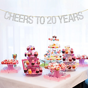 Cheers to 20 Years Banner - Happy 20th Birthday Party Bunting Sign - 20th Wedding Anniversary Decorations Supplies - Silver