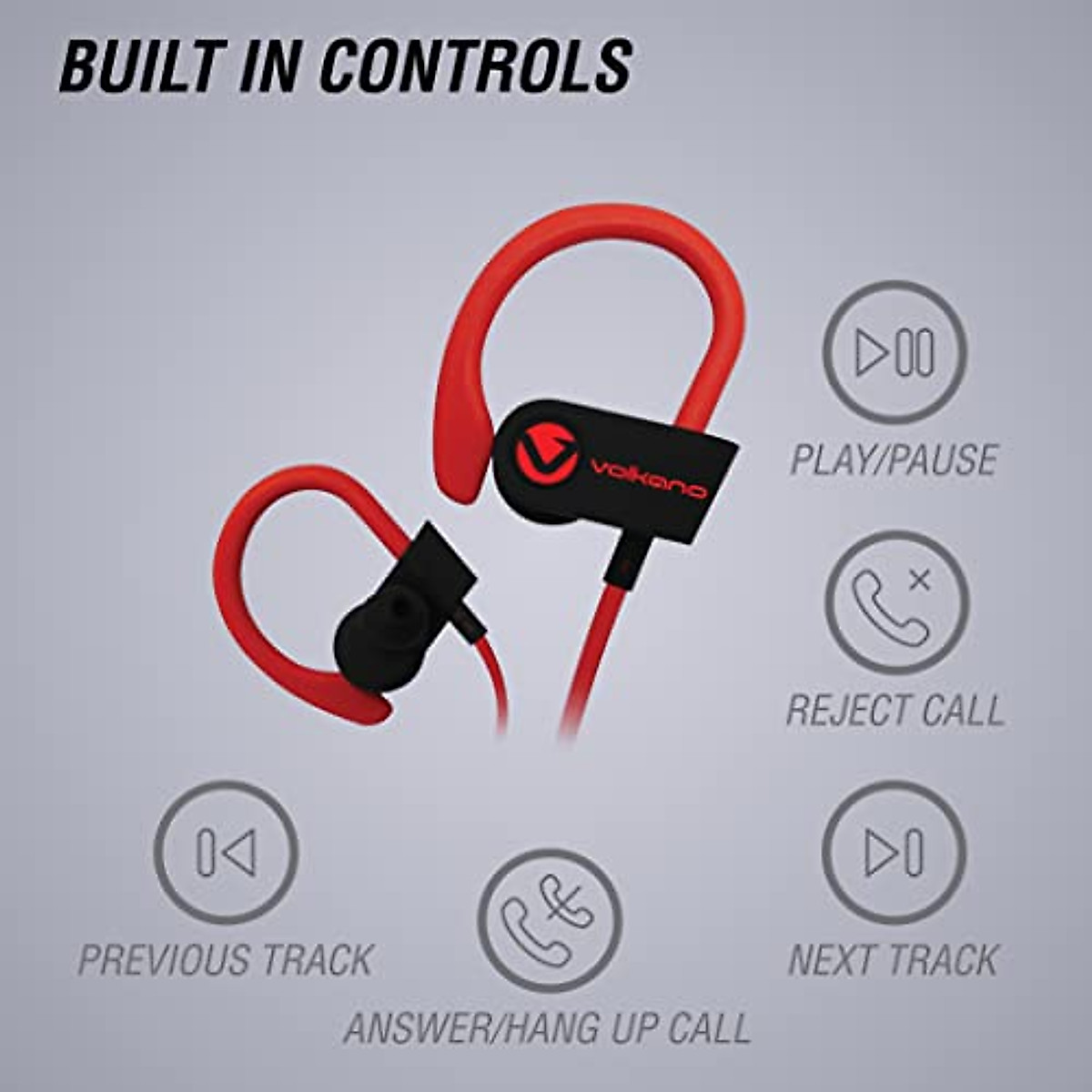 Volkano Wireless Workout Earphones, Wireless Headphones Workout with Over Ear Hook for Running, Rechargeable Earbuds 3HR Playback & Micro USB Charger, Inline Button Control [Red/Black] - Race Series