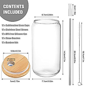 WindMage 12 packs 16 oz Clear Sublimation Glass Cans Blanks with Bamboo Lid, Stainless Straw, Brush, Silicone Tip, Reusable Drinking Beer Cans Iced Coffee Glasses Jar Tumbler Cups