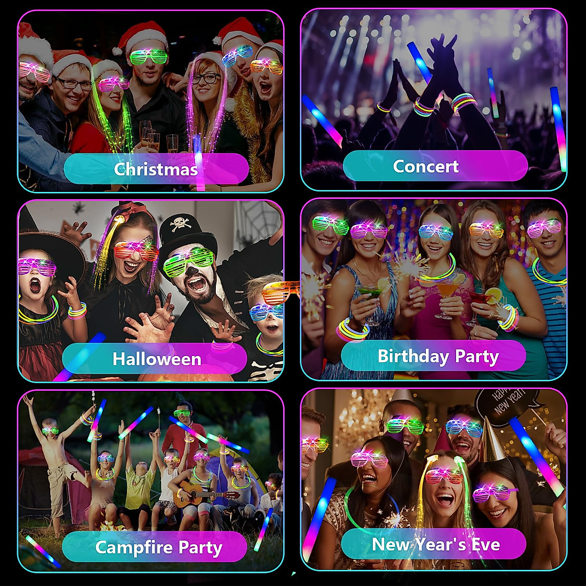 BAIJLE 148 PCS Glow in the Dark Party Supplies, 16PCS Foam Glow Sticks, 16PCS LED Glasses,100PCS Glow Sticks Bracelets and 16Pcs LED Hair Clips Fiber Optic for Glow Party, New Year, Wedding, Concert