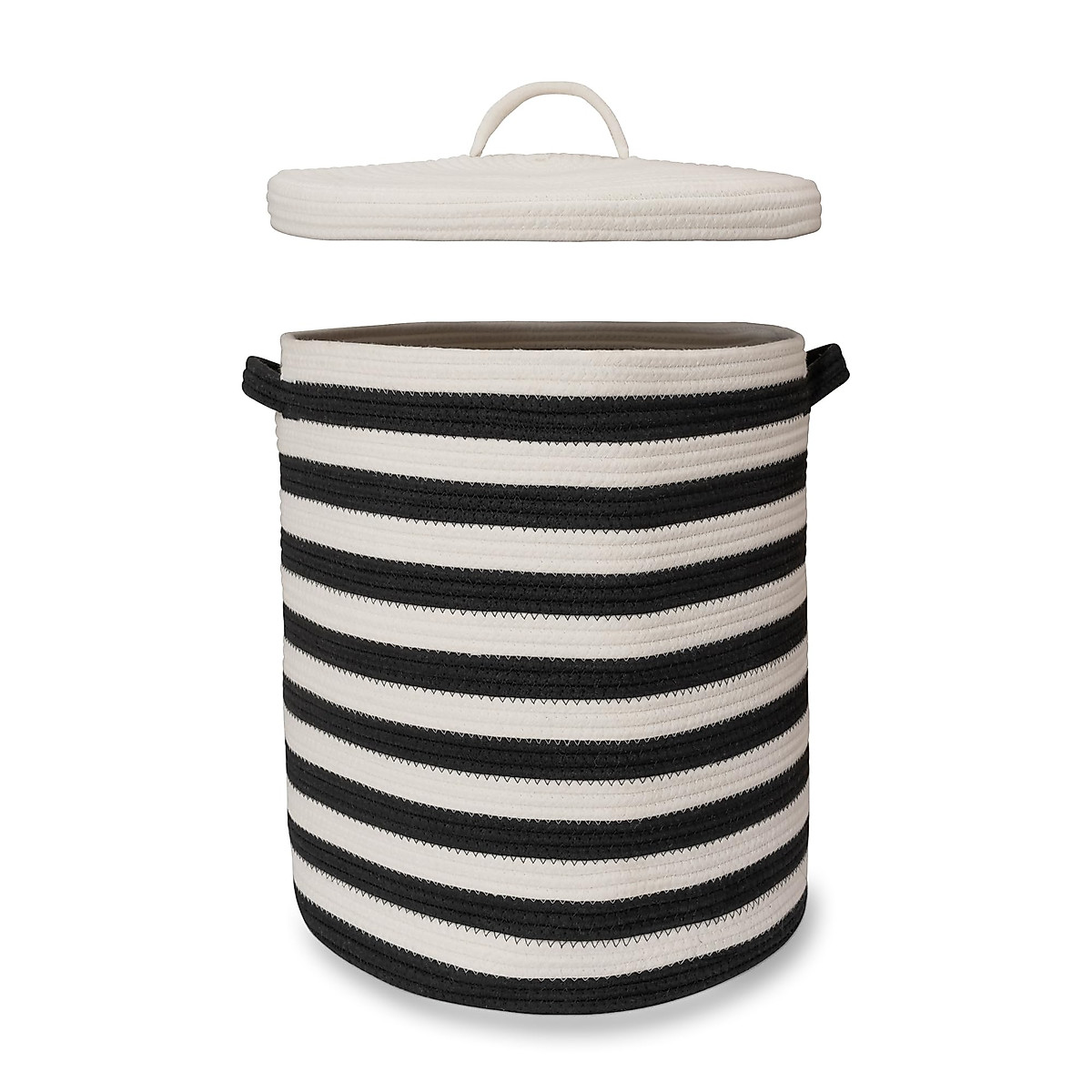 17 x 16in Large Striped Cotton Blanket Basket with Lid - Perfect for Toy Storage, Clothes Hamper, & Laundry Basket, Woven Baskets for Nursery Decor and Baskets for Organizing, Black and White
