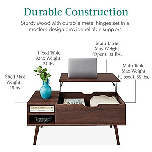 Best Choice Products Lift Top Coffee Table, Wooden Mid-Century Modern Multifunctional Accent Table for Living Room w/Hidden Storage, 2 Cubbies, Removable Shelf - Walnut