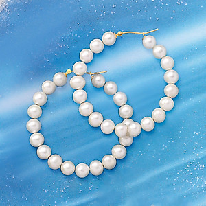 Ross-Simons 6-7mm Cultured Pearl Hoop Earrings in 14kt Yellow Gold