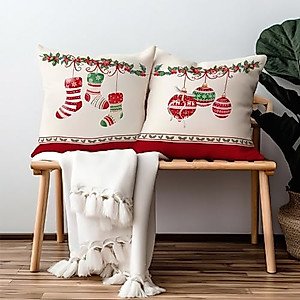 Cryfox Merry Christmas Pillow Covers 18x18 Set of 2 Winter Christmas Ball Ornament Stocking Pillow Cases Cotton Pillowcase Christmas Art Decor Throw Pillow Covers Standard Size for Couch Bed Sofa
