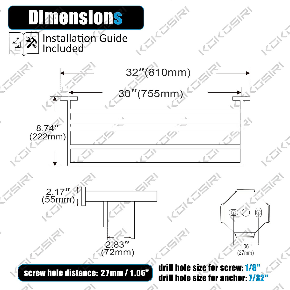 KOKOSIRI Towel Rack 32-Inch Bathroom Towel Shelves with Double Towel Bars SUS304 Stainless Steel Wall Mounted, Brushed Nickel B6003BR-L32