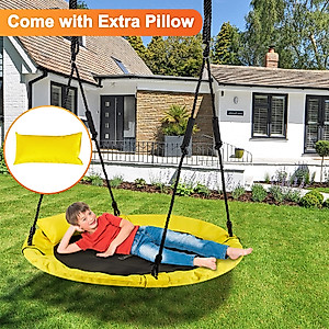 Saucer Tree Swing for Kids, LITTLELOGIQ 40 Inch Outdoor Swing Sets for Backyard, Round Flying Swing with 2 Hanging Straps, 700lb Capacity, Adjustable Ropes, Easy Setup, for Adults & Kids - Yellow