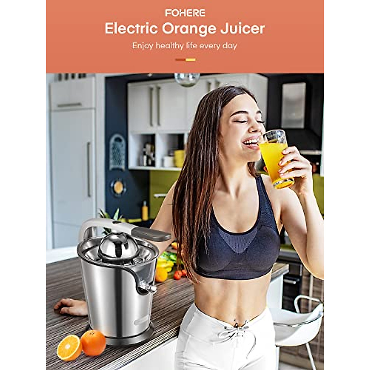 FOHERE Citrus Juicer Electric Orange Juicer with Humanized Handle and Two Size Cones for Grapefruits, Orange and Lemon, Powerful 160W Silent Motor Stainless Steel BPA-Free, Silver