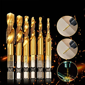 6Pcs Combination Drill and Tap Set, Metric Thread M3-M10 Screw Tapping Tool 1/4" Hex Shank Plated HSS