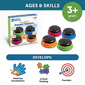 Learning Resources Recordable Answer Buzzers - Set of 4, Ages 3+ | Pre-K Personalized Sound Buzzers, Recordable Buttons, Game Show Buzzers, Perfect for Family Game and Trivia Nights