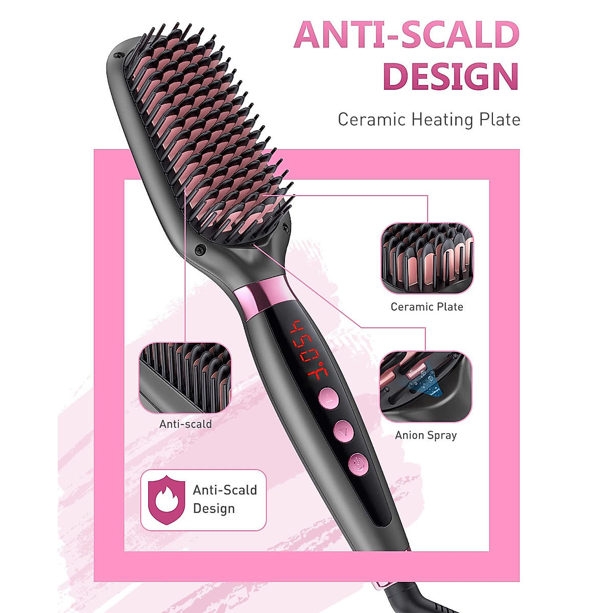 Hair Straightener Brush, VIVAALI Ionic Straightening Brush with 16 Heat Levels for Silky Frizz-Free Hair, Anti-Scald, Fast Heating, Auto-Off Function, Hot Comb for Styling at Home (1 Pack)