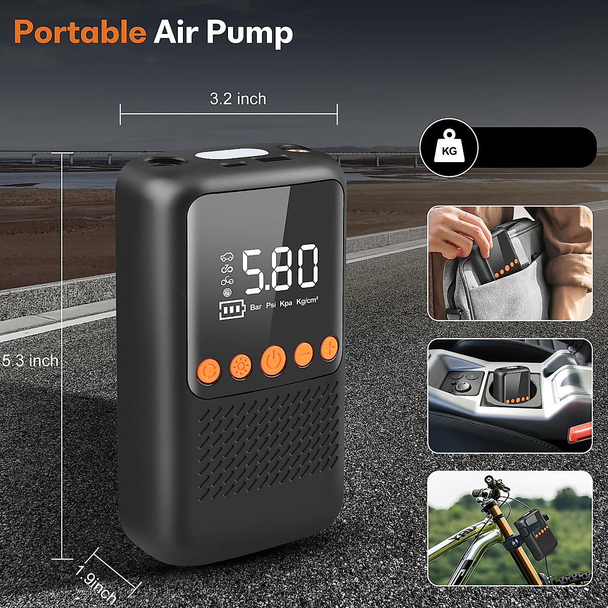 Electric Tire Inflator Portable Air Compressor - Cordless Air Pump for Car Tires Bike Tires - Bicycle Pump with Air Pressure Gauge