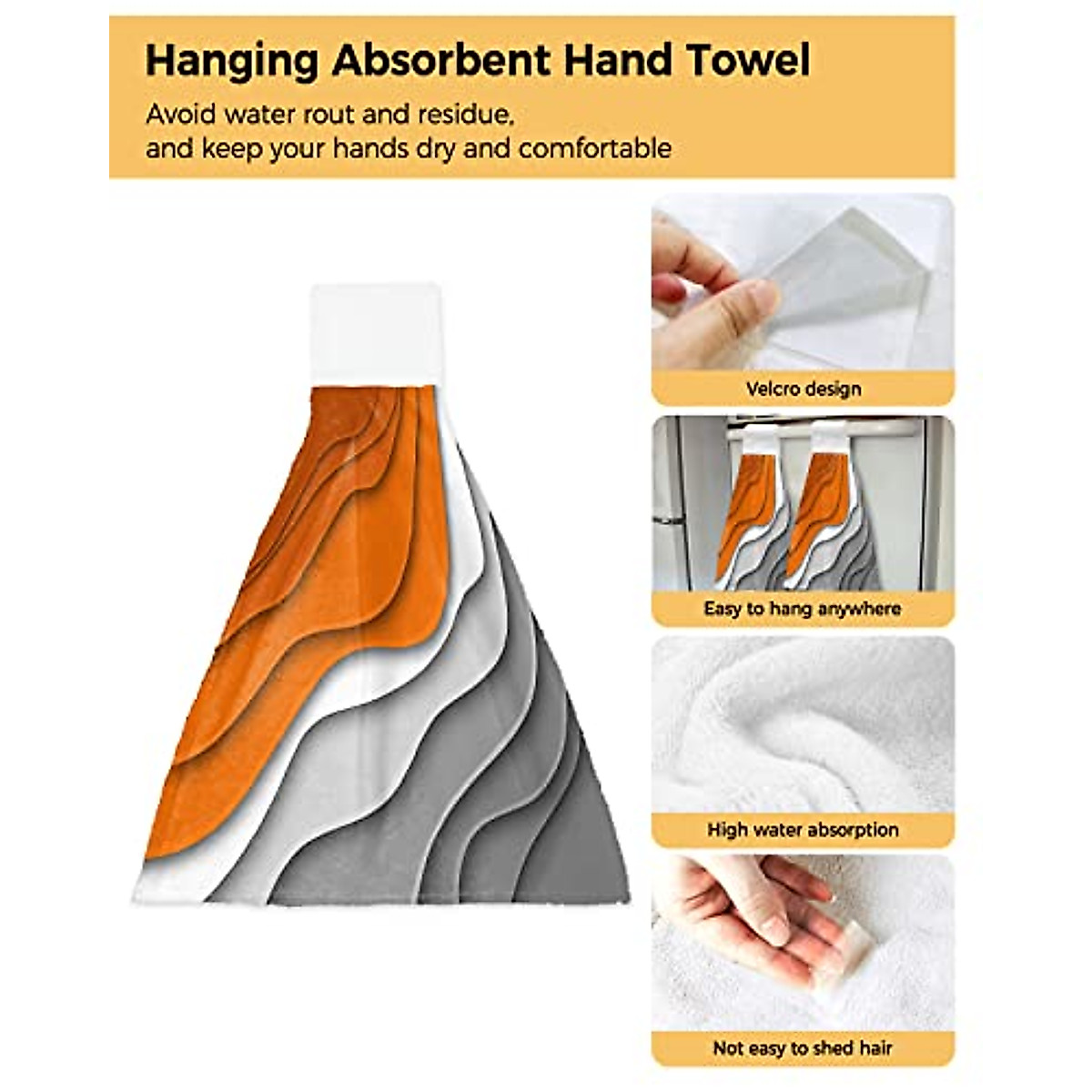 Hanging Tie Towel for Kitchen Bathroom, 2 Pack Orange Grey Gradient Geometric Durable Absorbent Hand Towels Hangable Washing Cloths Home Cleaning Decor Modern Abstract Ripple Art