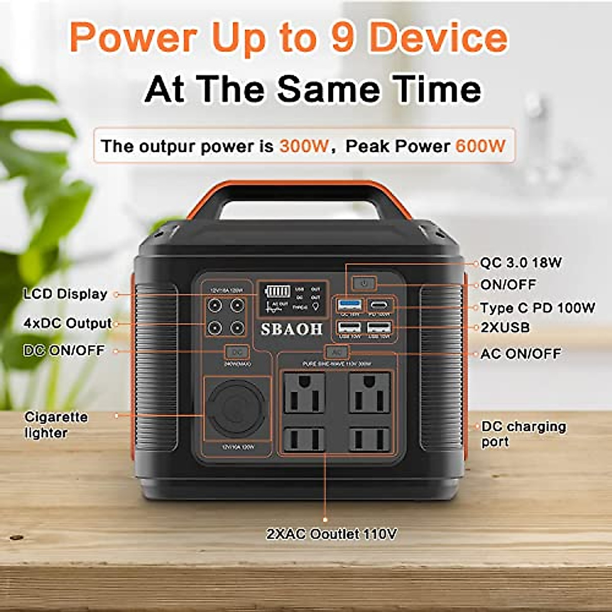 SBAOH Portable Power Station, 300W 296Wh Solar Generator Quick Charge / 110V AC Outlets/DC Ports and LED Flashlight, Lithium Battery Backup for Home Outdoor Travel Camping Blackout