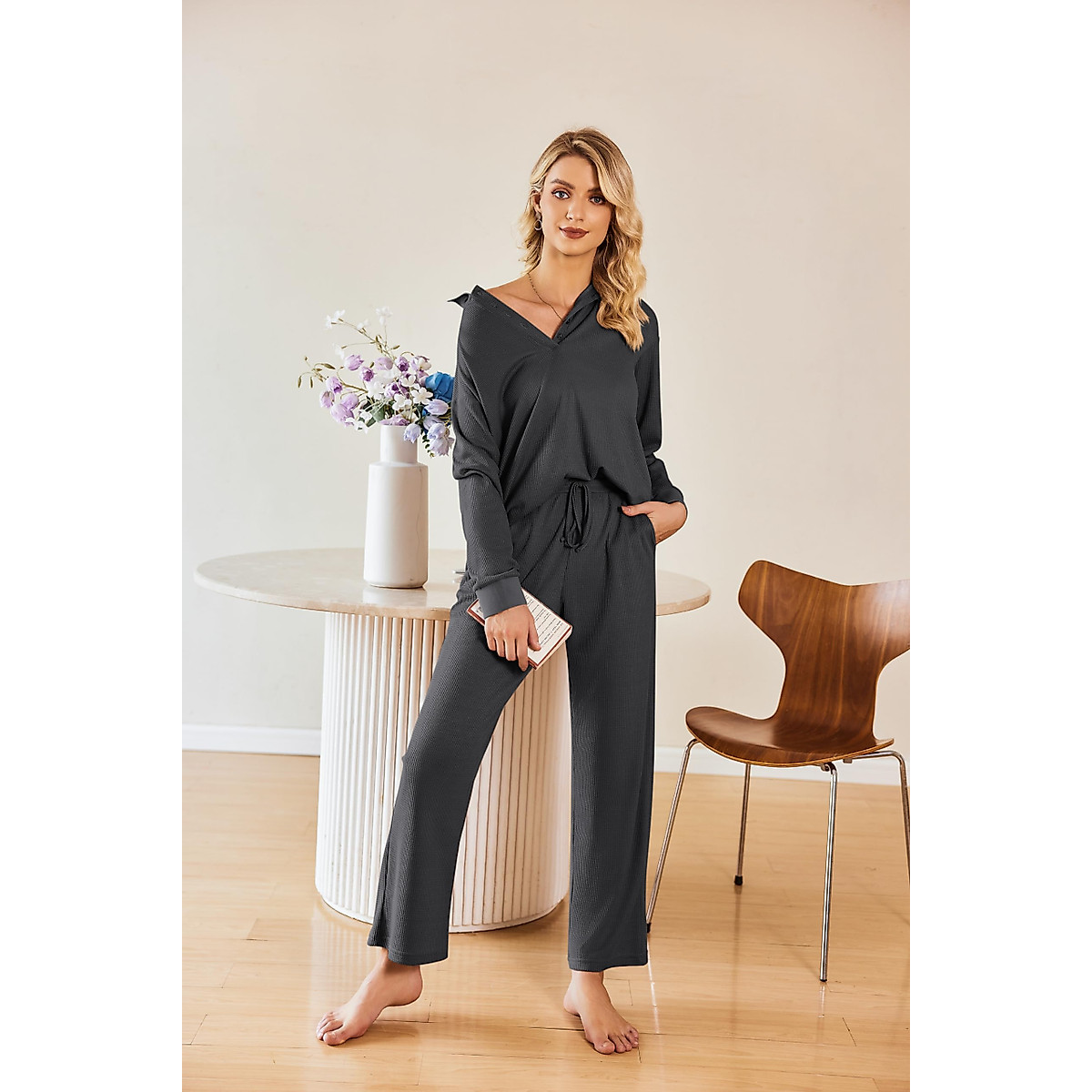 Ekouaer Waffle Knit Pajamas Set for Women 2 Piece Outfits Long Sleeve Button Top and Wide Leg Pant with Pockets Loungewear Dark Grey M