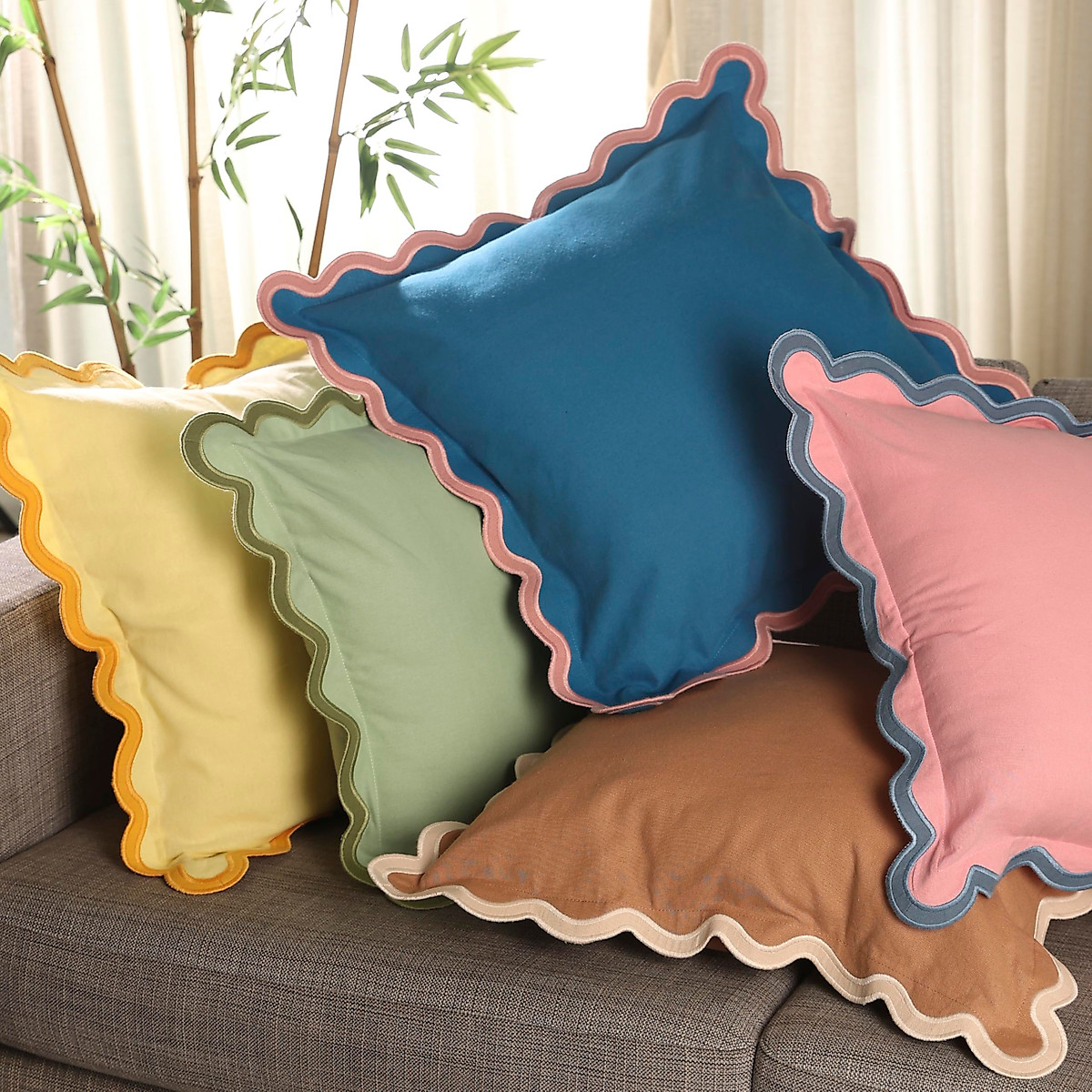 Folkulture Throw Pillow Covers 18x18, Throw Pillow for Couch Pillows for Living Room, Orange Throw Pillow Covers, Set of 2 Boho Throw Pillows, Accent Pillows, Decorative Pillow, Scalloped Pillow Cover