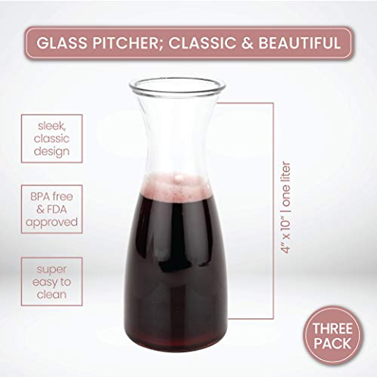 3-Piece Glass Carafe Set – 1 Liter Pitchers for Party – 10 Inch Tall Jugs– Water or Milk Bottles