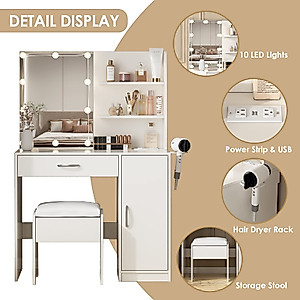 Makeup Vanity Desk with Lighted Mirror & Power Strip,Makeup Vanity Table with Lights and Lots Storage,3 Lighting Modes,35in Large Drawers Dressing Table,White