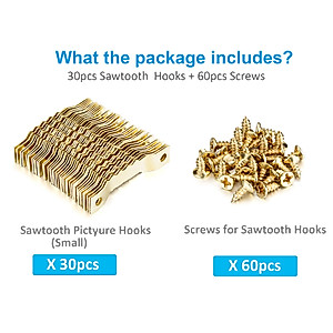 YHYZ Sawtooth Picture Hangers Bulk (Small ), 30pcs Gold Sawtooth Hangers / Hooks with 60pcs Screws, for Picture Frame Painting Photos Artwork Clock Home Decoration (30 Sets, Small)