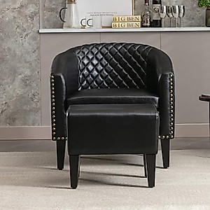 QQU Accent Sofa Chair with Ottoman, Faux Leather Modern Barrel Chair with Iron Legs and Round Arms, Upholstered Chair for Living Room, Bedroom(Black)