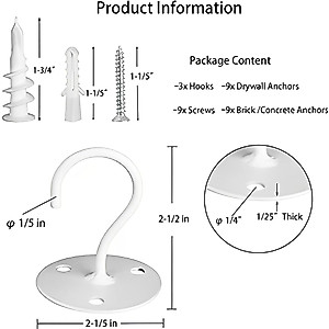 Ceiling Hooks for Hanging Plants - Metal Heavy Duty Wall Mounted Hangers for Hanging Bird Feeders, Planters, Wind Chimes, Include Professional Drywall Anchors (3-Pack (White)