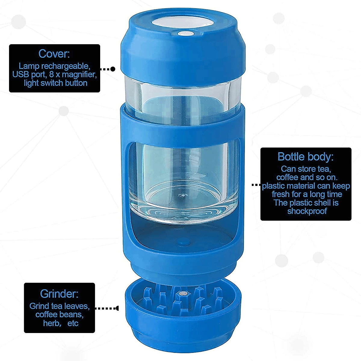 METSHOW Light-Up LED Transparent Seal Storage Jar，Magnifying Viewing Glass Airtight Jar with Grinder ，8 x Magnification Glass (Blue)
