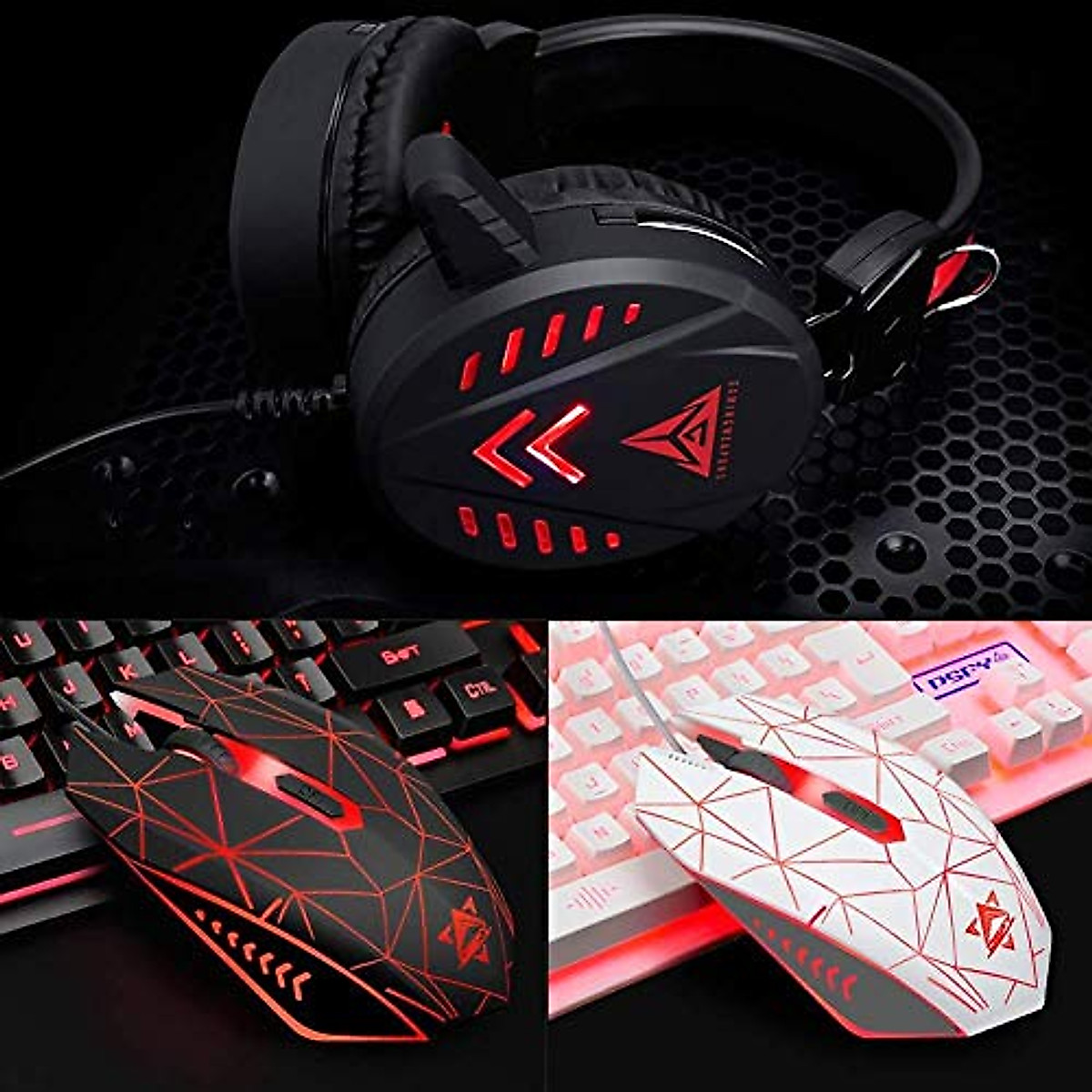 Raxinbang Keyboard Gaming Keyboard,USB Keyboard Set Gaming Mouse Computer Backlight Headset Waterproof Gaming Headset for LOL (Color : Pink)