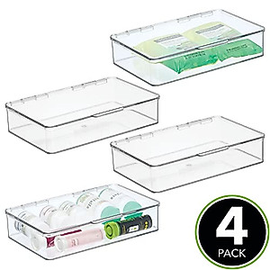mDesign Plastic Stackable Storage Organizer Bin with Hinged Lid for Bathroom, Cabinet, Drawer, Under Sink, Shelf Organization Holds Medicine, Bath Essentials, Cleaning Supplies - 4 Pack - Clear