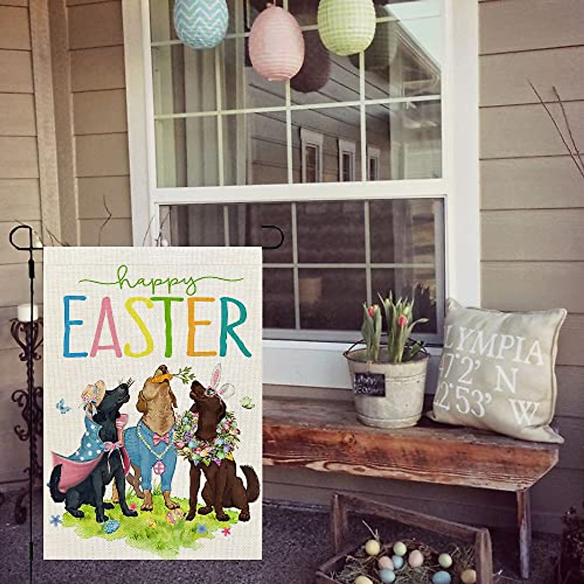 CROWNED BEAUTY Happy Easter Dogs Garden Flag 12x18 Inch Double Sided for Outside Small Burlap Floral Eggs Yard Holiday Decoration CF740-12