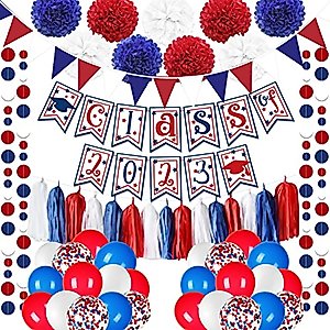 Graduation Party Decorations 2023 Red and Blue Class of 2023 Banner Paper Pompom Congrats Grad Party Balloon Garland Kit for Graduation Party Supplies