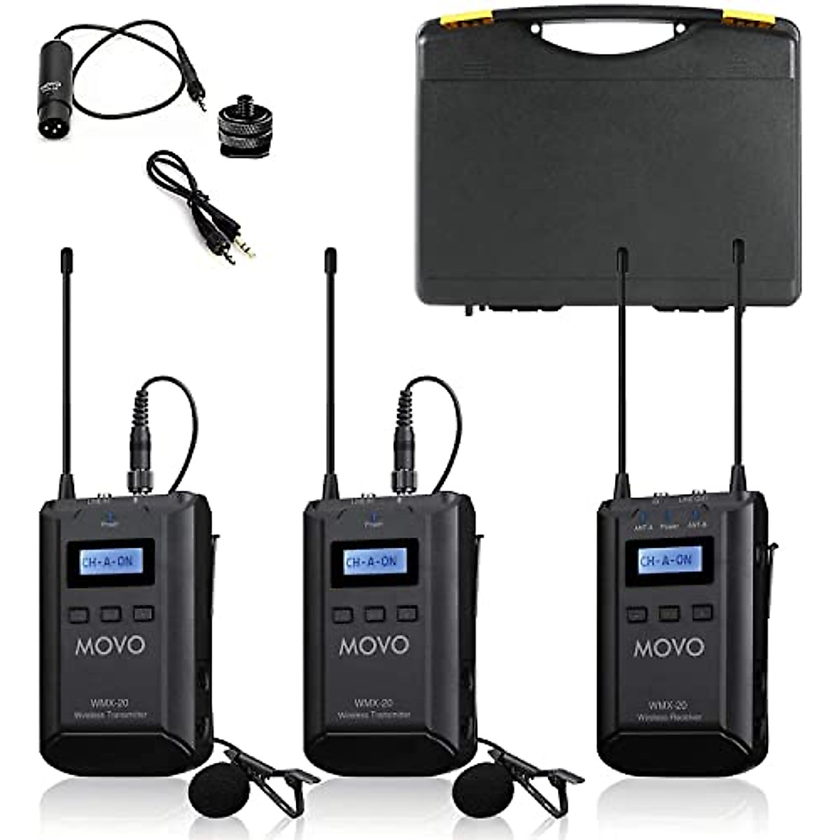 Movo WMX-20-DUO 48-Channel UHF Wireless Lavalier Microphone System with 1 Receiver, 2 Transmitters, and 2 Lapel Microphones Compatible with DSLR Cameras (330' ft Audio Range)