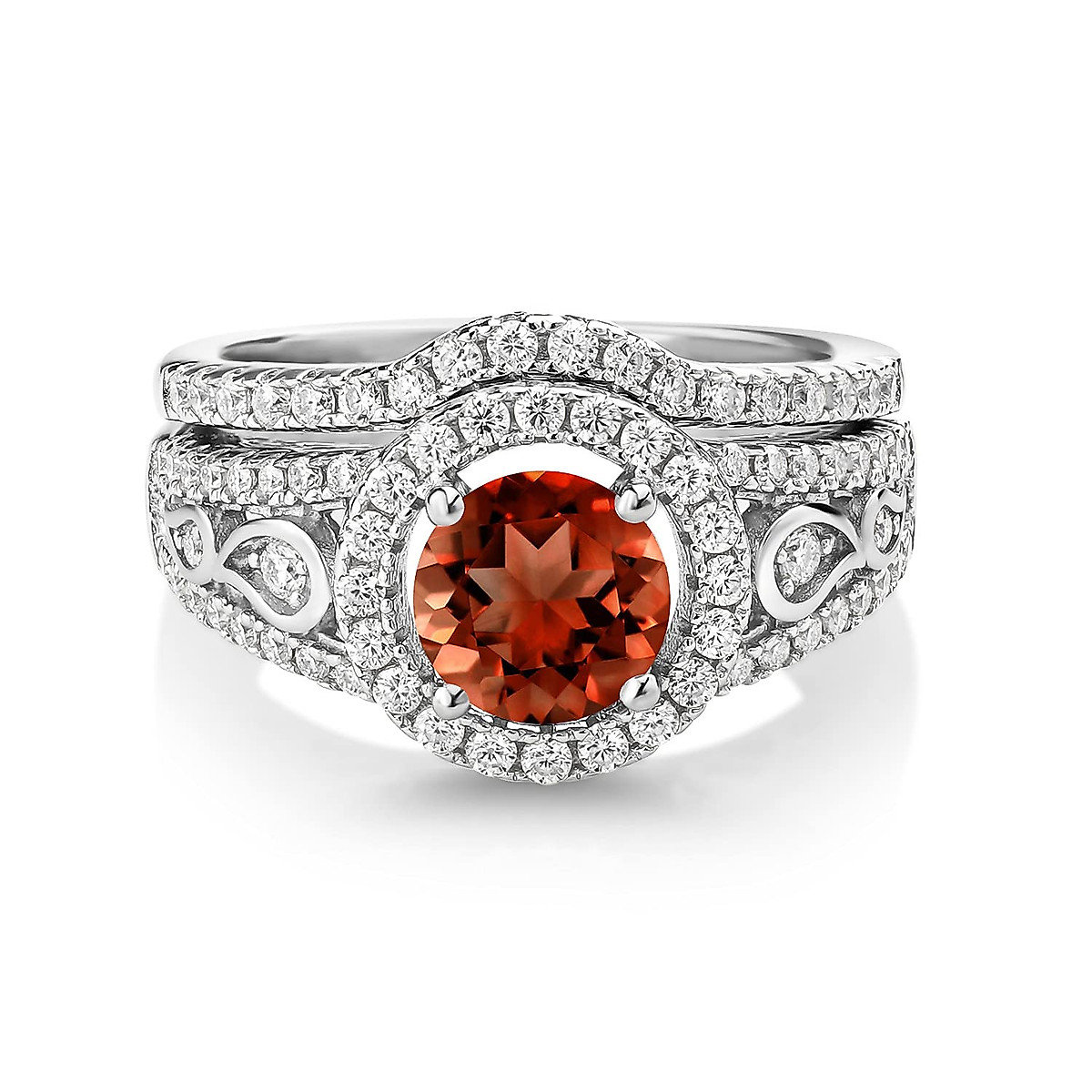 Gem Stone King 925 Sterling Silver Red Garnet and Moissanite Wedding Engagement Ring Band Bridal Set For Women (1.94 Cttw, Gemstone Birthstone, Available In Size 5, 6, 7, 8, 9)