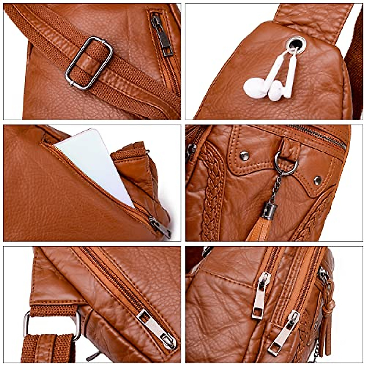 Peicees Leather Sling Bag For Women Waterproof Crossbody Bag Chest Bag Fashionable Small Backpack Purse For Travel Hiking