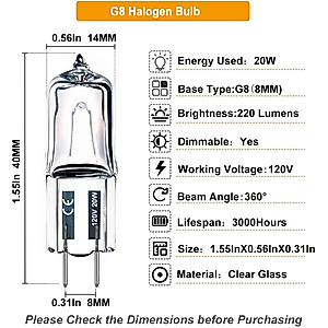 G8 Bulb, 10PCS G8 Halogen Bulb 20W 120V, G8 Base Bi-Pin Xenon Light Bulbs JCD Type, Warm White with Long Lasting Lifetime，G8 Halogen Light Bulbs Dimmable, G8 120V 20W for Under Cabinet Puck Lights