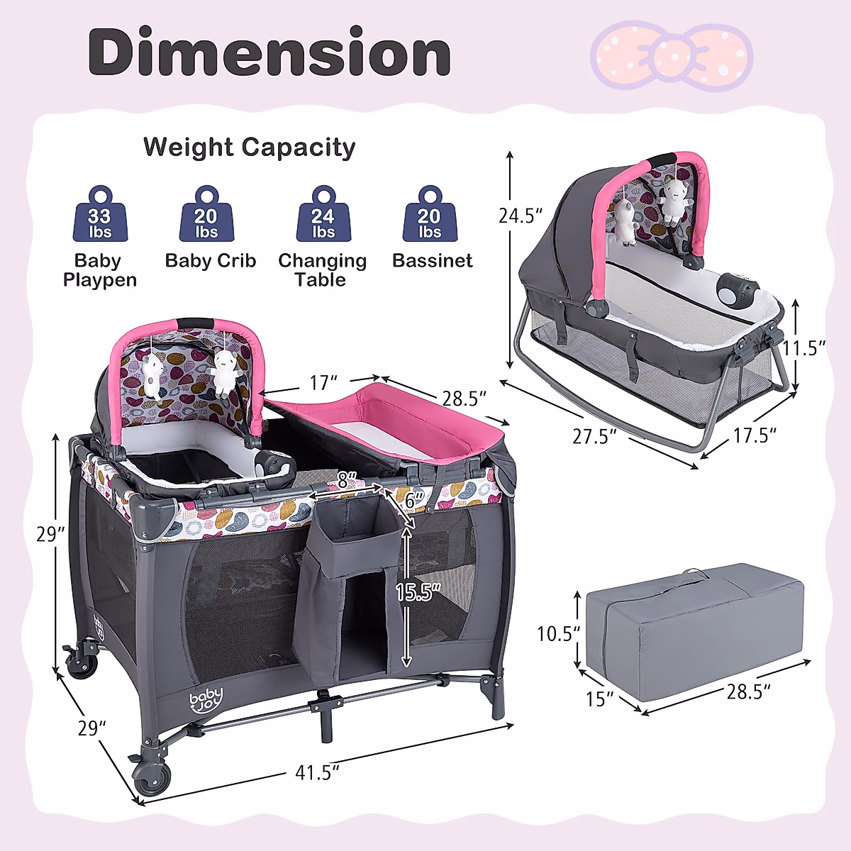 BABY JOY 5 in 1 Pack and Play, Portable Baby Playard w/Bassinet & Diaper Changing Table, Infant Nursery Center Pink Bassinet with Toys & Music & Oxford Bag for Baby Girl Toddlers (Rose, Dot Circle)