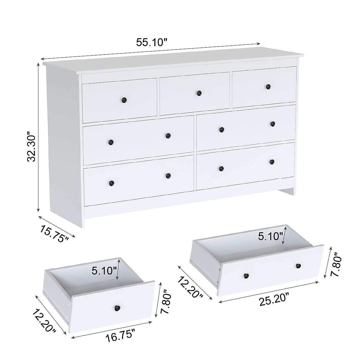 CARPETNAL White Dresser for Bedroom, 7 Drawer Dresser with Wide Drawer and Metal Handles, Woode Dressers & Chests of Drawers for Hallway, Entryway.