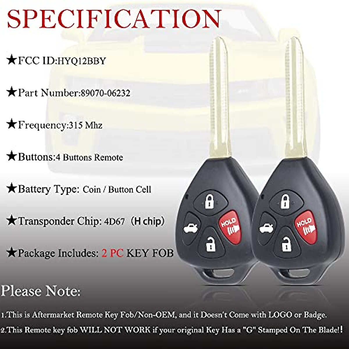 Key Fob Remote Replacement Fits for Toyota Camry 2007 2008 2009 2010 2011/Corolla 2009-2010 HYQ12BBY Keyless Entry Remote Control 89070-06232(Pack of 2)