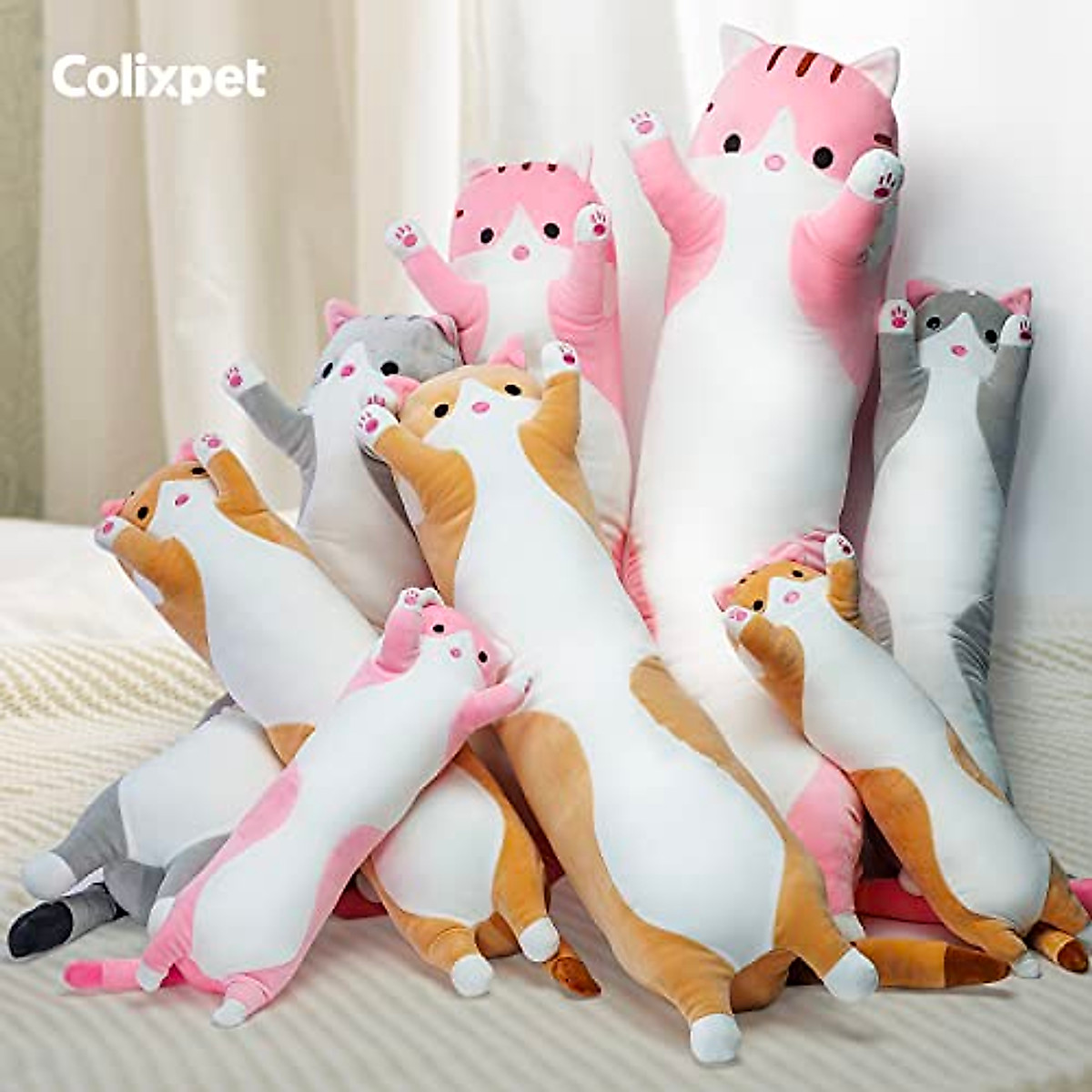 Colixpet Cat Plush Soft Long Body Pillow, Cute Cat Stuffed Animals Cuddly Plushies Kitten Plush Throw Pillow Doll Toy Gift for Christmas Birthday Girls Boys Brown 50cm/19.68Inch