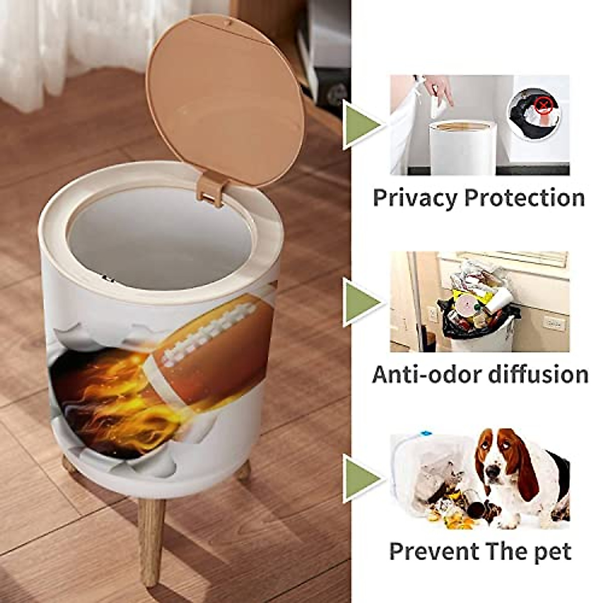 IBPNKFAZ89 Small Trash Can with Lid an of a Burning Flaming American Football Ball on fire Tearing a Hole Garbage Bin Wood Waste Bin Press Cover Round Wastebasket for Bathroom Bedroom Office Kitchen