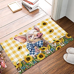 Cute Farm Pig Sunflowers on Yellow White Buffalo Checkered Plaid Indoor Doormat Bath Rugs Non Slip, Washable Cover Floor Rug Absorbent Carpets Floor Mat Home Decor for Kitchen Bathroom Bedroom (16x24)