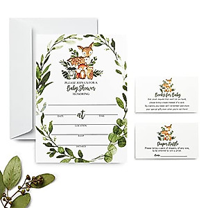 25 Wreath Woodlands Greenery Baby Shower Invitations (Large Size 5X7 inches), Diaper Raffle Tickets, Baby Shower Book Request Cards with Envelopes Woodland Creature Invites Neutral Baby Showers Fox