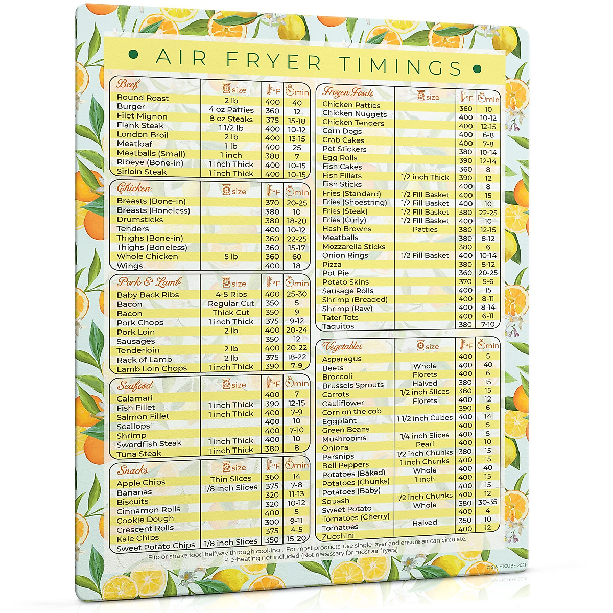 SwiftCube Air Fryer Magnetic Cheat Sheets, Multicooker Cheat Sheet Recipe Magnets, with Cooking Temperature, Time & Size Chart Conversion Measurement, Orange-Lemon Kitchen Decor, 8.5"x11" Citrus Dream