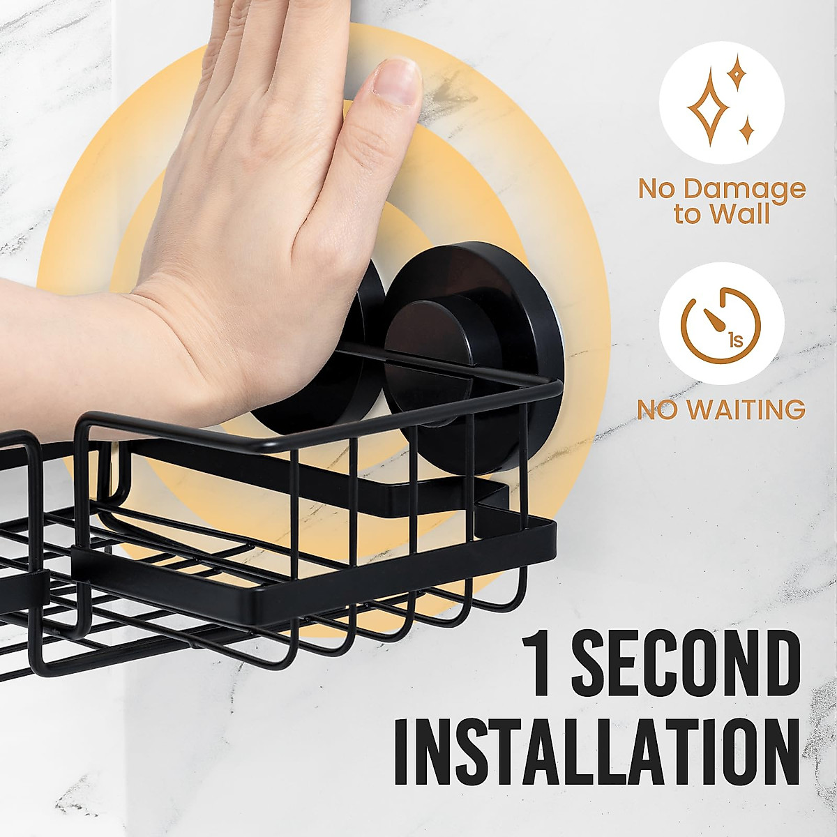 LEVERLOC Angle-adaptive Suction Cup Shower Caddy with Hooks, Heavy Duty Stainless Steel Shower Basket Organizer for Bathroom, Drill-Free Removable Rustproof Shower Rack, Black, 2 Pack