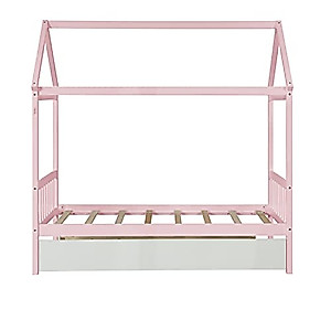 EMKK Twin Bed with Trundle,Kids House Bed Frame Twin Size with Trundle, Wooden Daybed for Boys Girls, can be Decorated, Pink