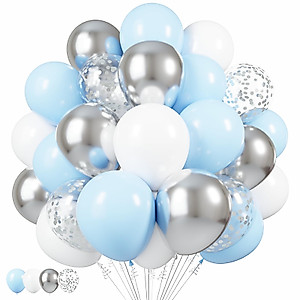 Blue White Silver Confetti Balloons, 50pcs 12 Inches Latex Party Balloons Helium Balloons for Birthday Bridal Shower Graduation Wedding Decorations
