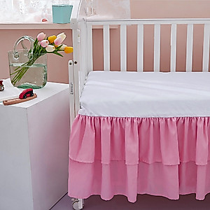JSD Pink Crib Bed Skirt 14 in Deep Drop Dust Ruffle Double Layer Microfiber Nursery Bedding Skirt for Baby Girls