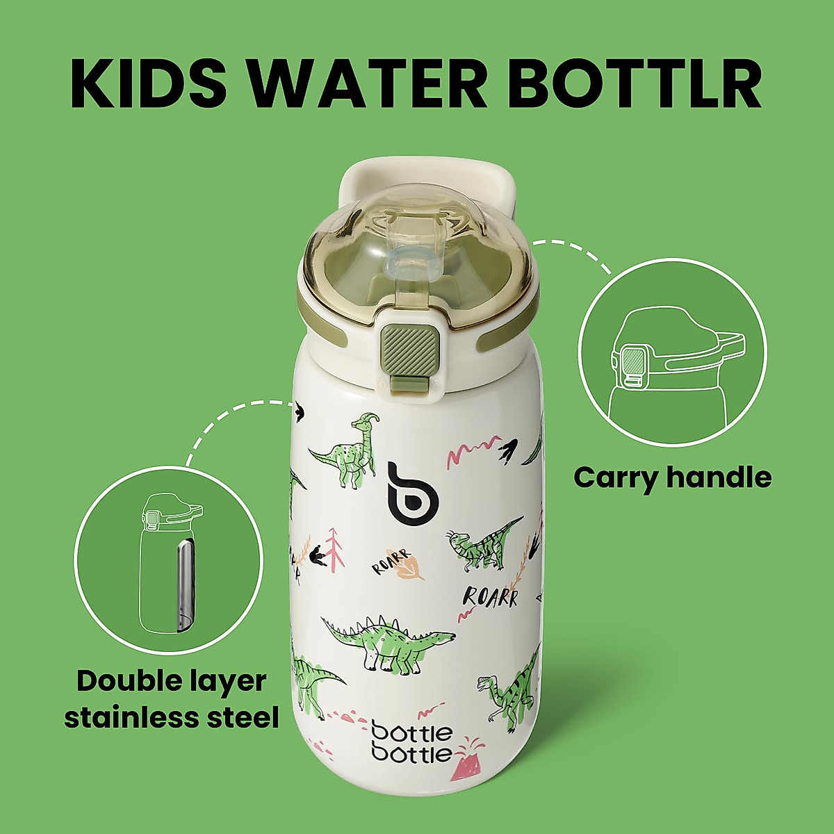 BOTTLE BOTTLE Kids Water Bottle with Straw Lid 16 oz Stainless Steel Reusable Tumbler Water Bottles Kids for School Travel,Gifts for Boys and Girls Dinosaur