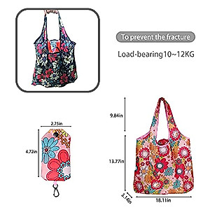 DZH Enjoy 10 Pack Cute Floral Leaves Print Reusable Grocery Bags Portable Foldable Shopping Bag Eco-friendly Shopping Tote with Hook,Medium