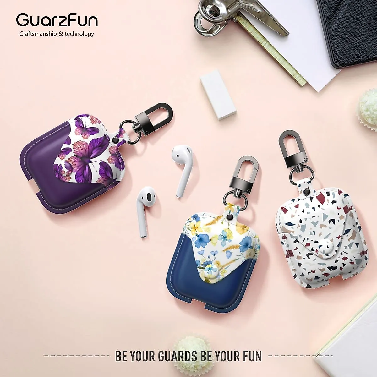 GuarzFun Leather AirPods 1st & 2nd case, AirPod case for Women Girls, AirPod Leather case with Secure snap Closure & Clip, Flower Leather AirPod case, Support Wireless Charging (Purple)